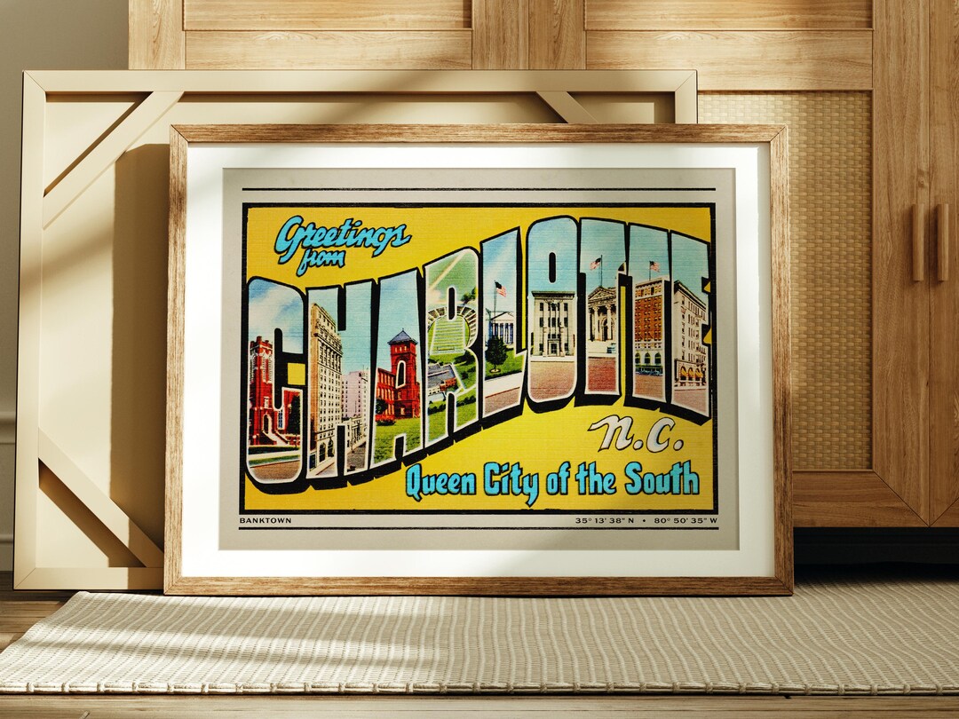 Charlotte North Carolina Print, Greetings From Charlotte, Retro Decor ...