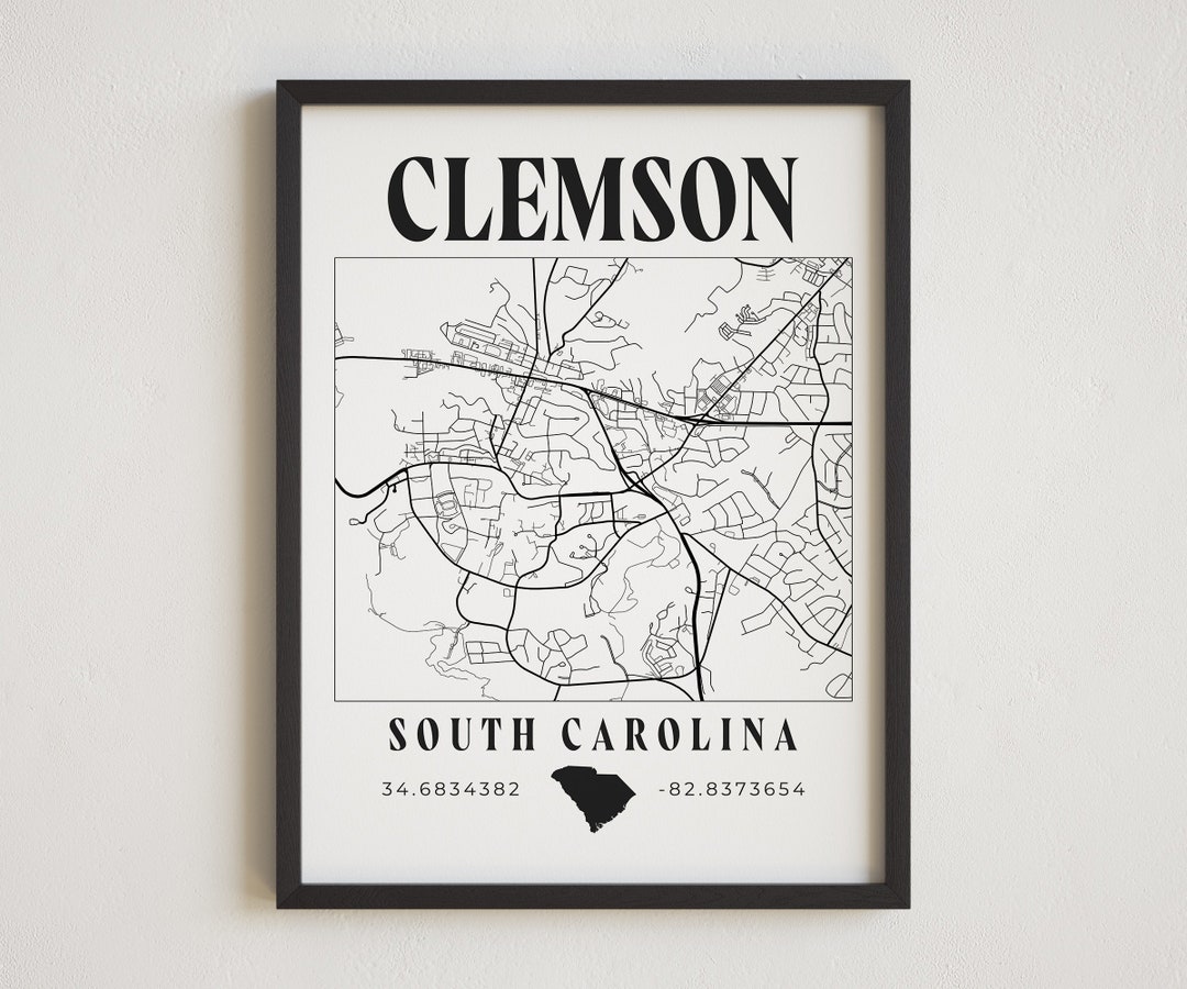 Clemson Print, South Carolina Map Art, Clemson Map Poster, Minimalist ...