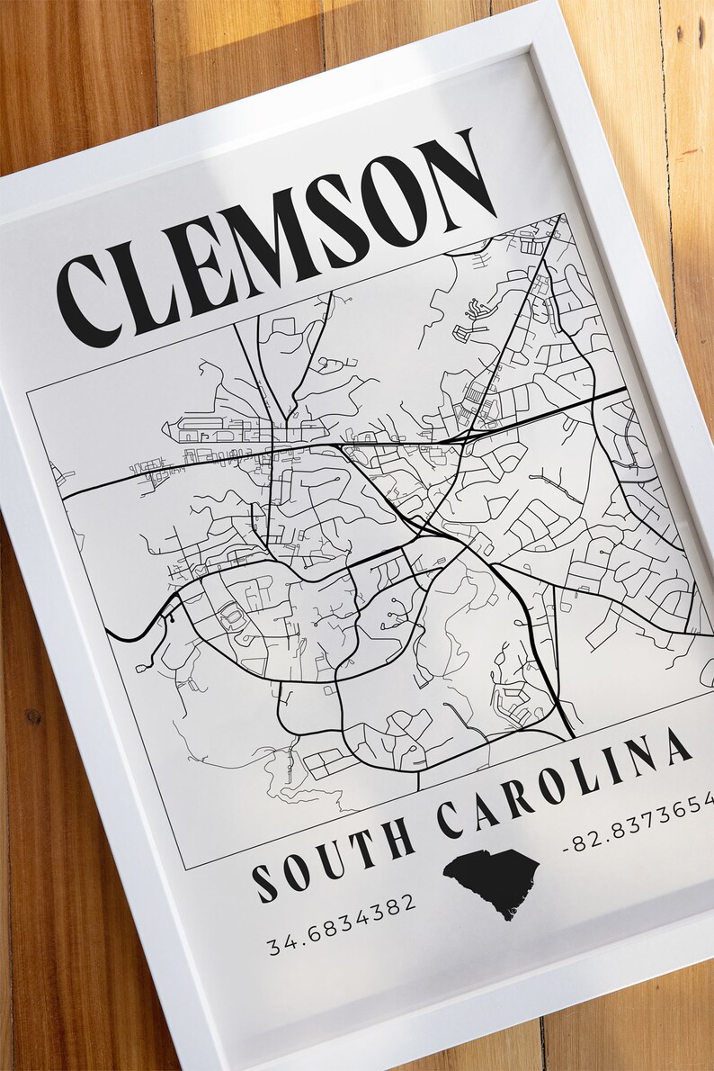 Clemson Print, South Carolina Map Art, Clemson Map Poster, Minimalist ...
