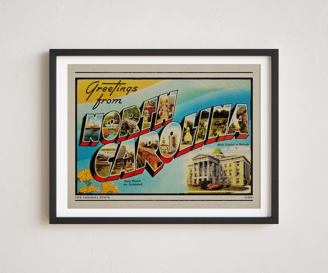 North Carolina Print, Vintage Postcard Print, Retro North Carolina ...