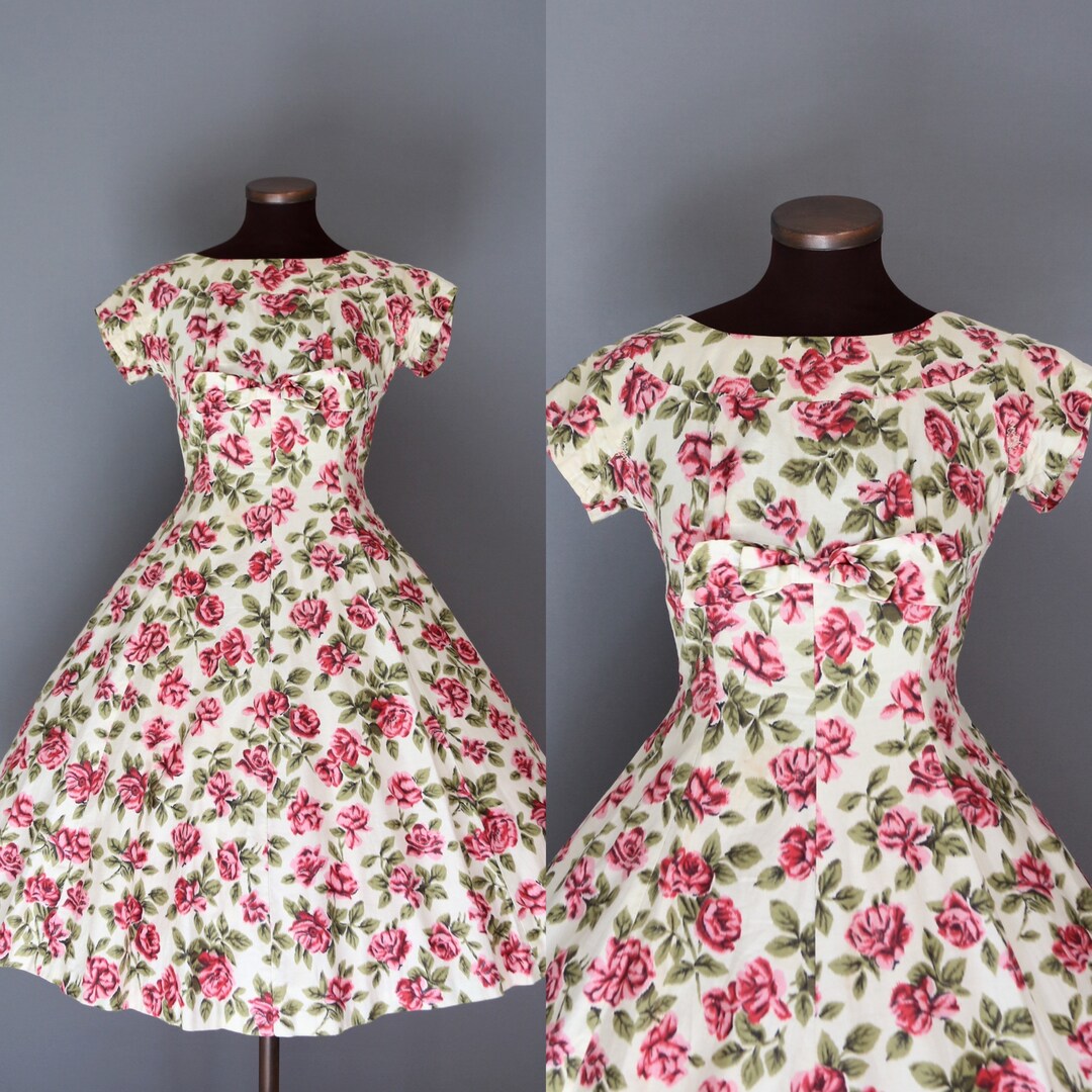 1950s Vintage Escapade Beige Green Pink Floral Rose Print - Etsy