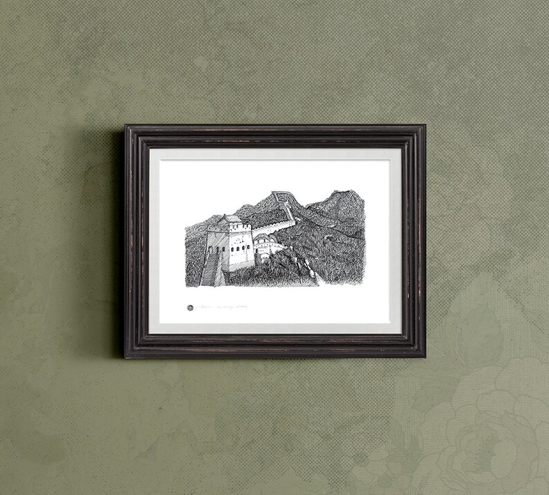 Great Wall of China, China. Pen and Ink Drawing Produced as Black and ...