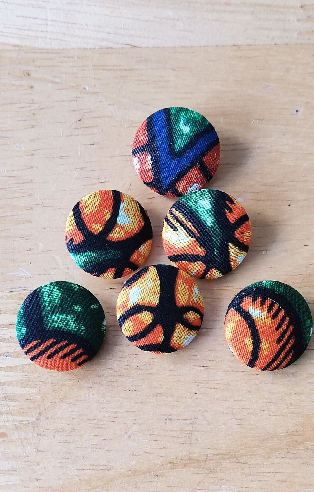 6 Orange Green Blue African Fabric Design 22mm Hand Covered Buttons ...