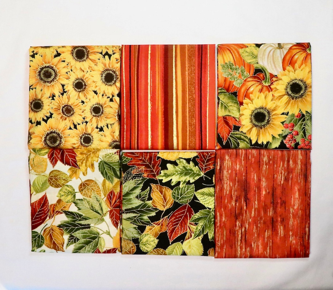6 Fat Quarters - Metallic Fall - Leaves, Sunflowers, Pumpkins and ...