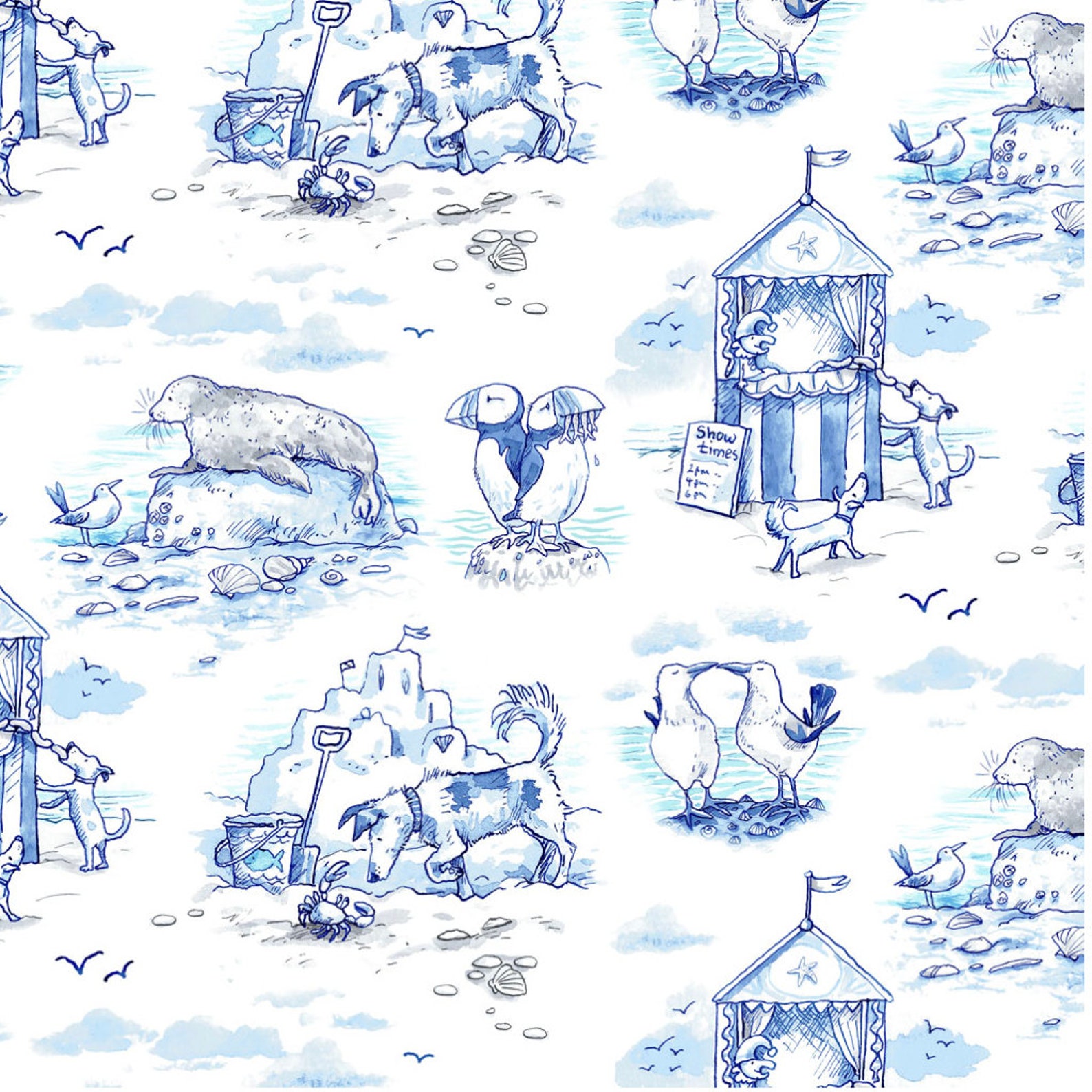 Sandy Toes Scenic Toile Y4044-90 Blue by Clothworks 100% Cotton Woven ...