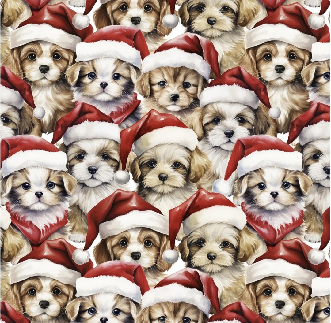 Santa Dogs - Cute Christmas Puppies in Hats - 100% Cotton Woven Fabric ...