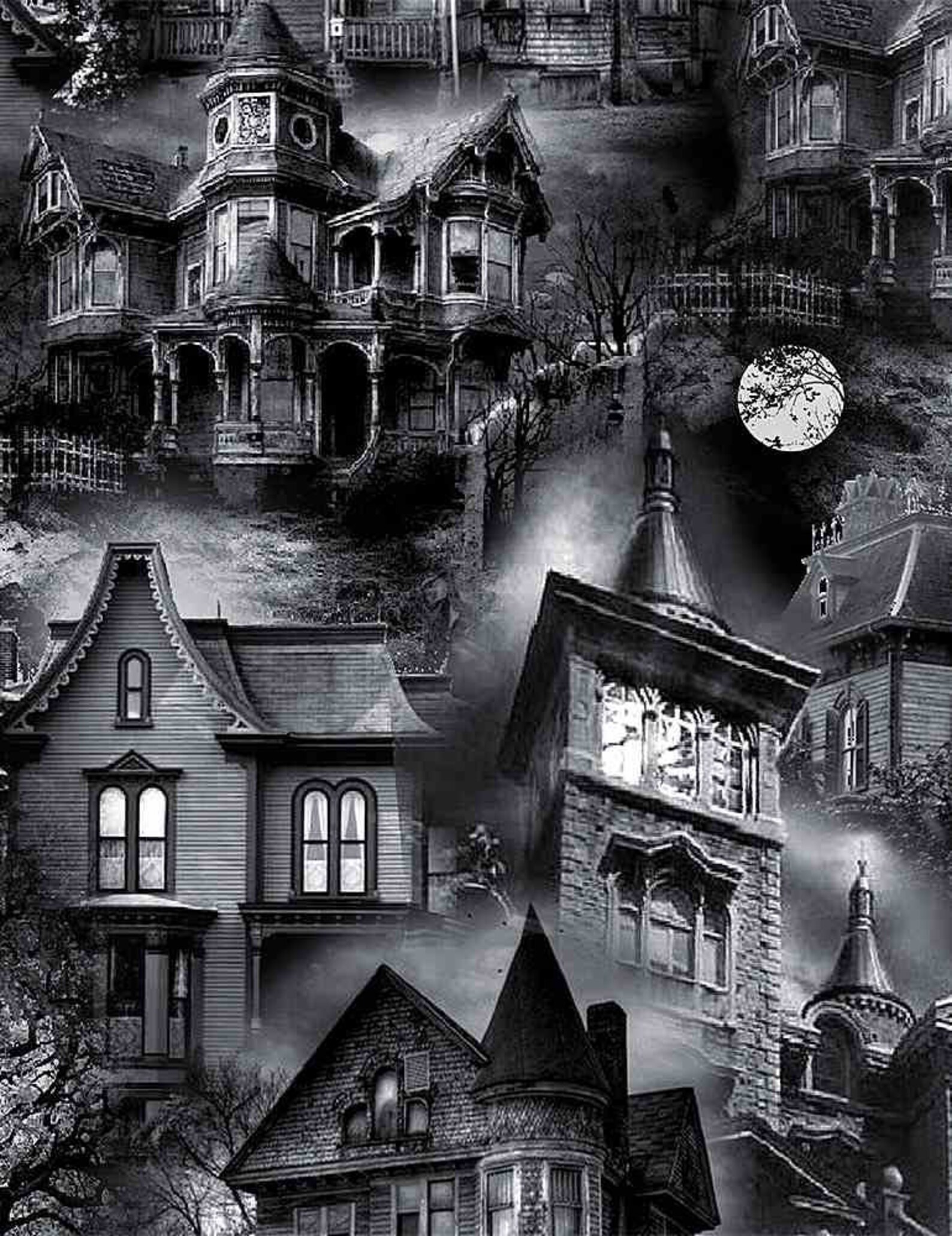 Timeless Treasures WICKED HAUNTED HOUSES C8640 Black Halloween 100% ...