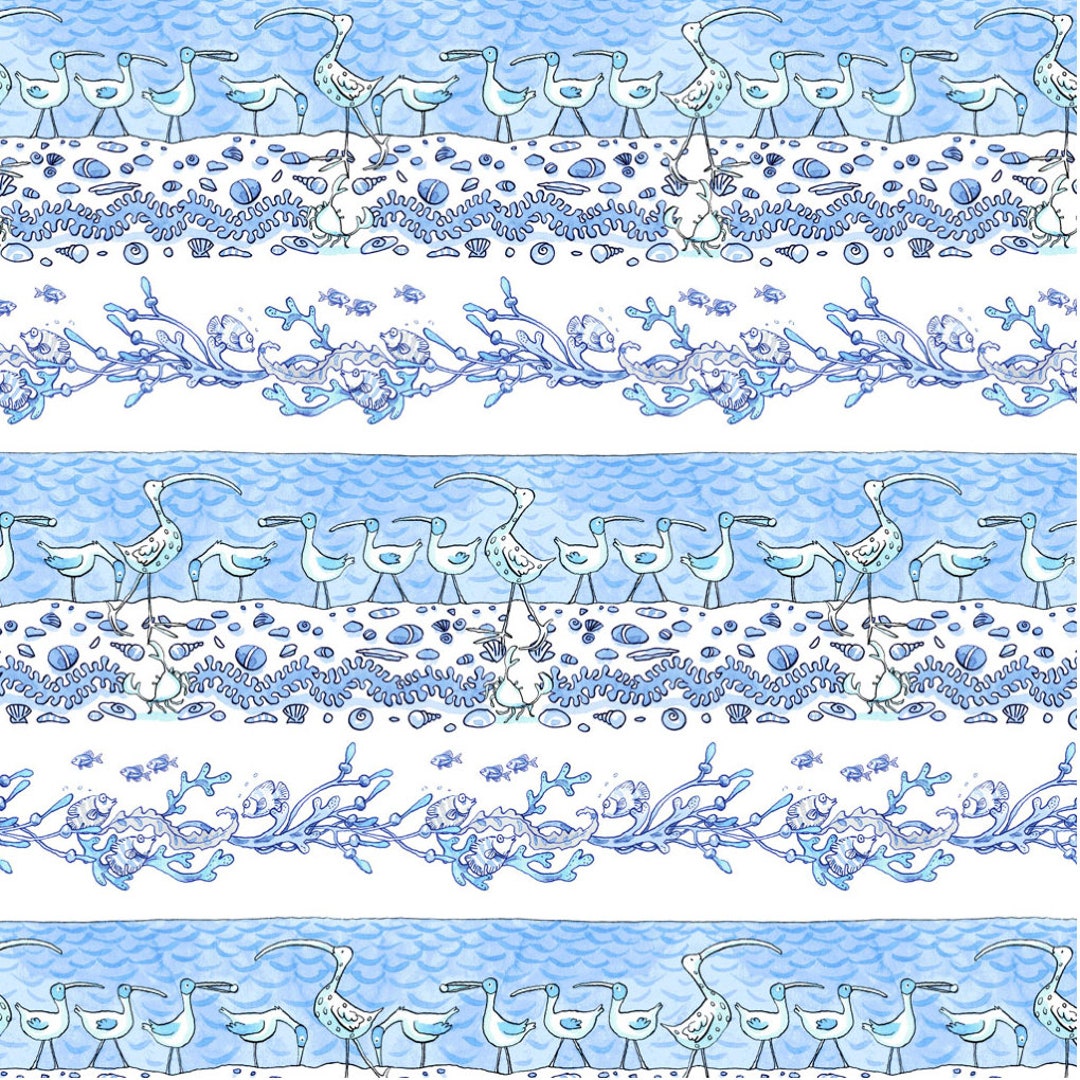 Sandy Toes Pictorial Stripe - #Y4045-90 Blue - by Clothworks - 100% ...