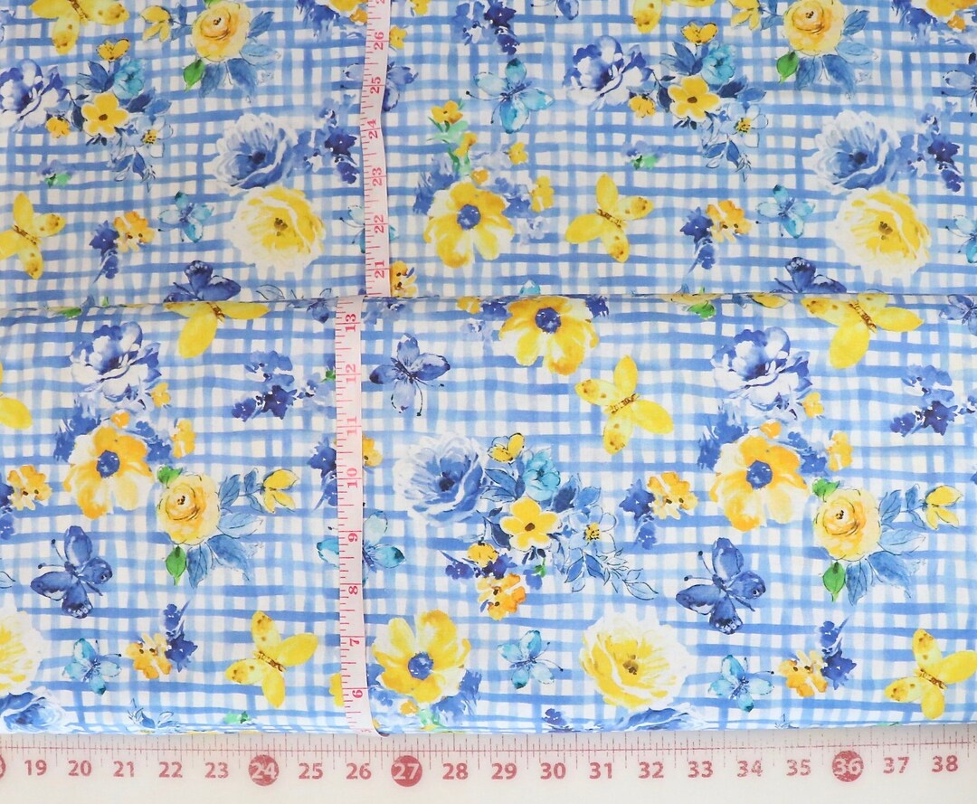Flowering - # DCX9729-DELF-D - Blue and Yellow Roses on Plaid ...