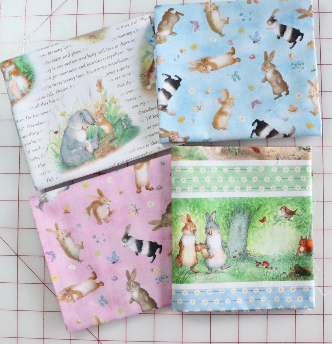 4 Easter Fat Quarters, Honey Bunny, by Michael Miller, Funny Bunnies ...