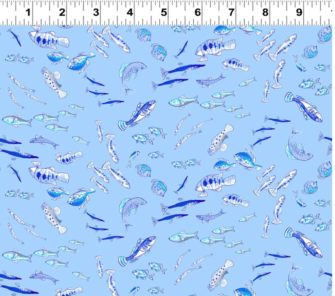 Sandy Toes Fish - #Y4048-29 Light Blue - by Clothworks - 100% Cotton ...