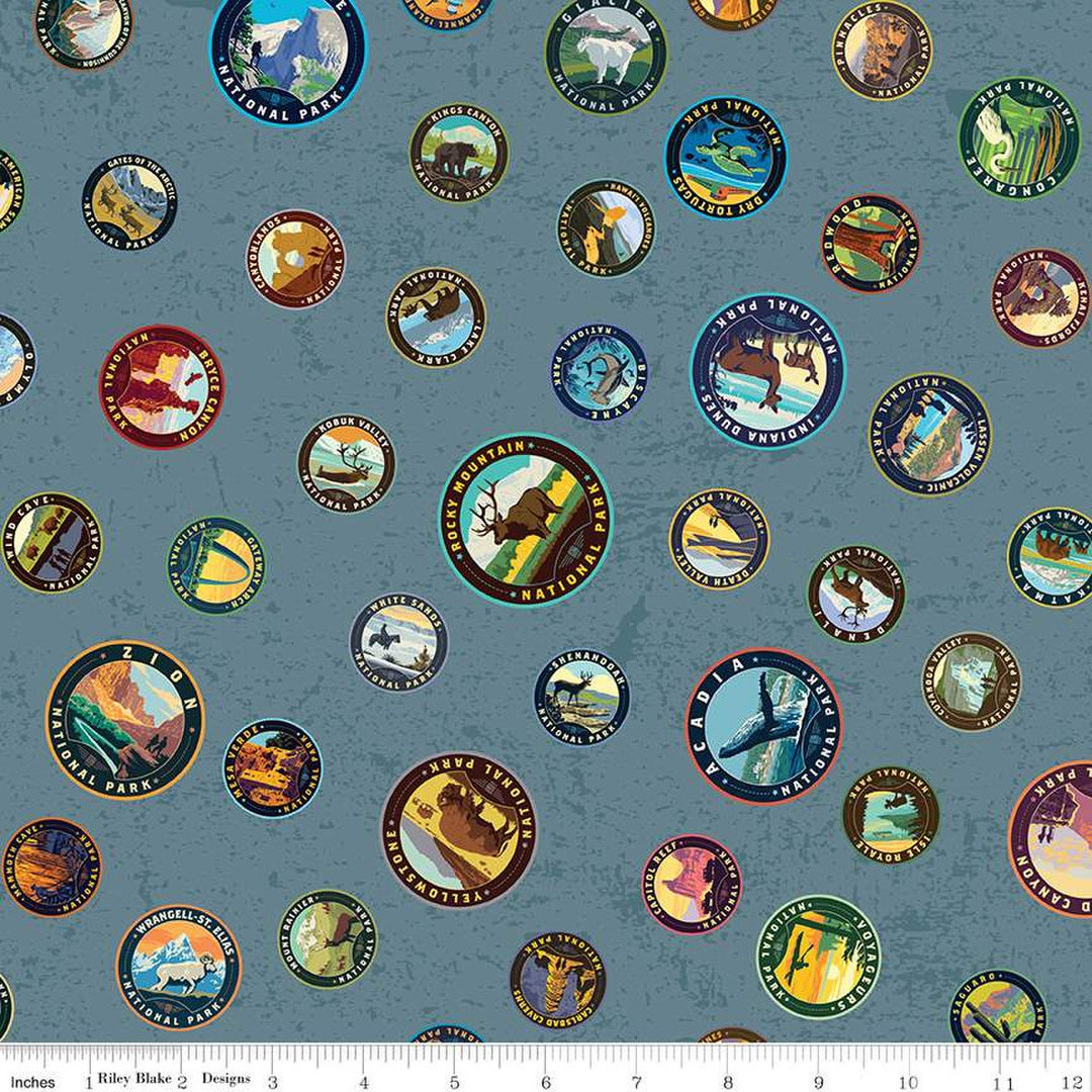 National Parks Emblems Blue - #CD13292 - by Riley Blake, 100% Cotton ...