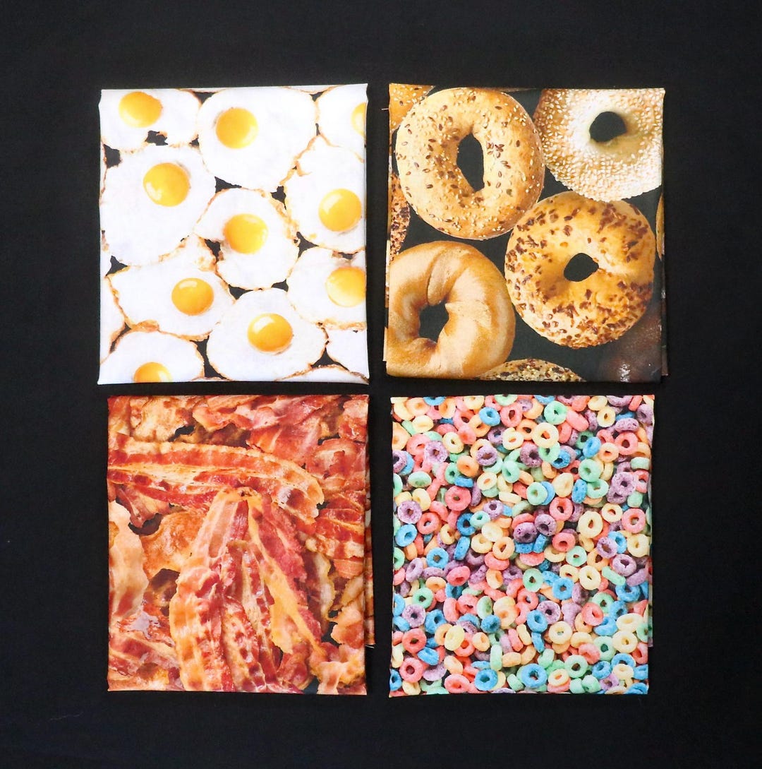 4 Fat Quarters - Breakfast Foods - Eggs and Bacon, Bagels and Fruity ...