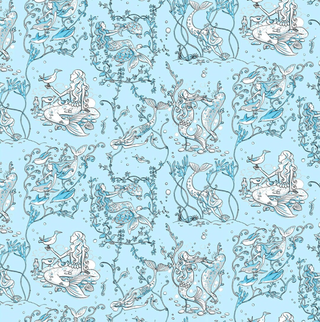 Sandy Toes Mermaids - #Y4046-97 Light Sky - by Clothworks - 100% Cotton ...