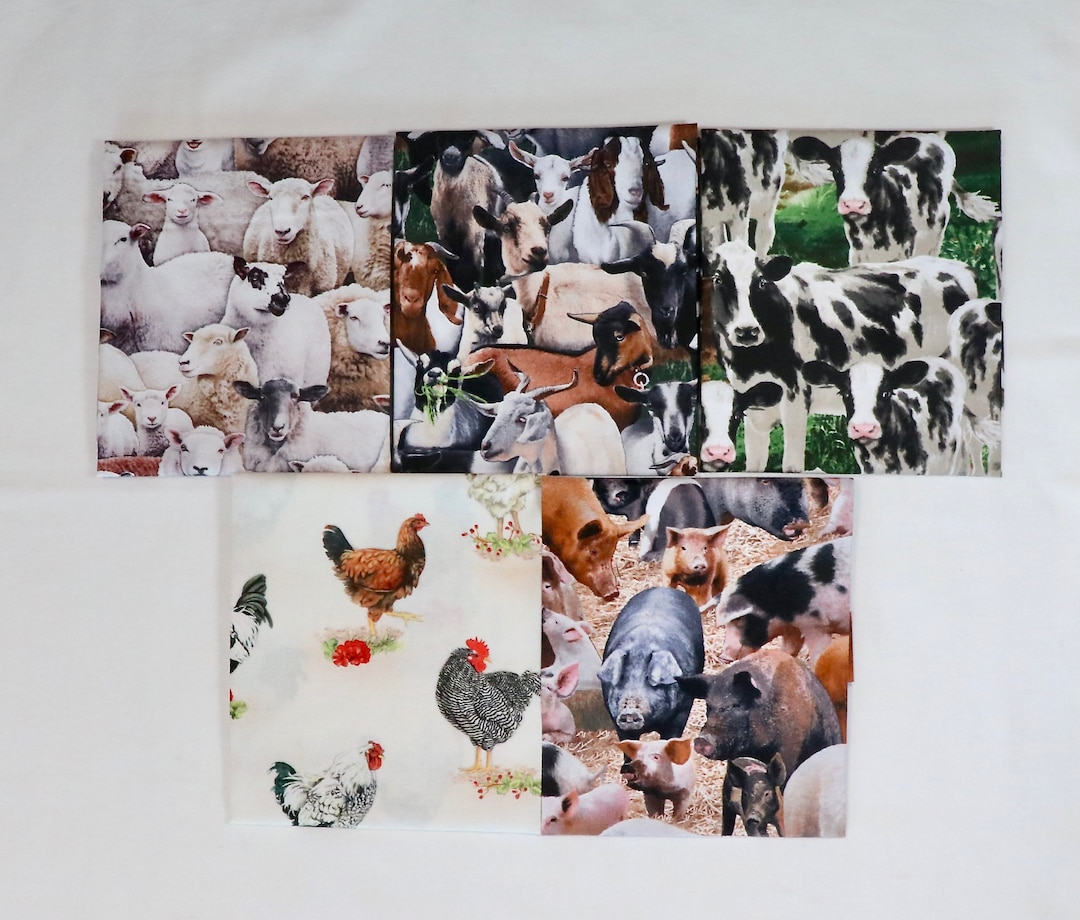 5 Fat Quarters - Farm Animals Featuring Goats, Cows, Pigs, Sheep and ...