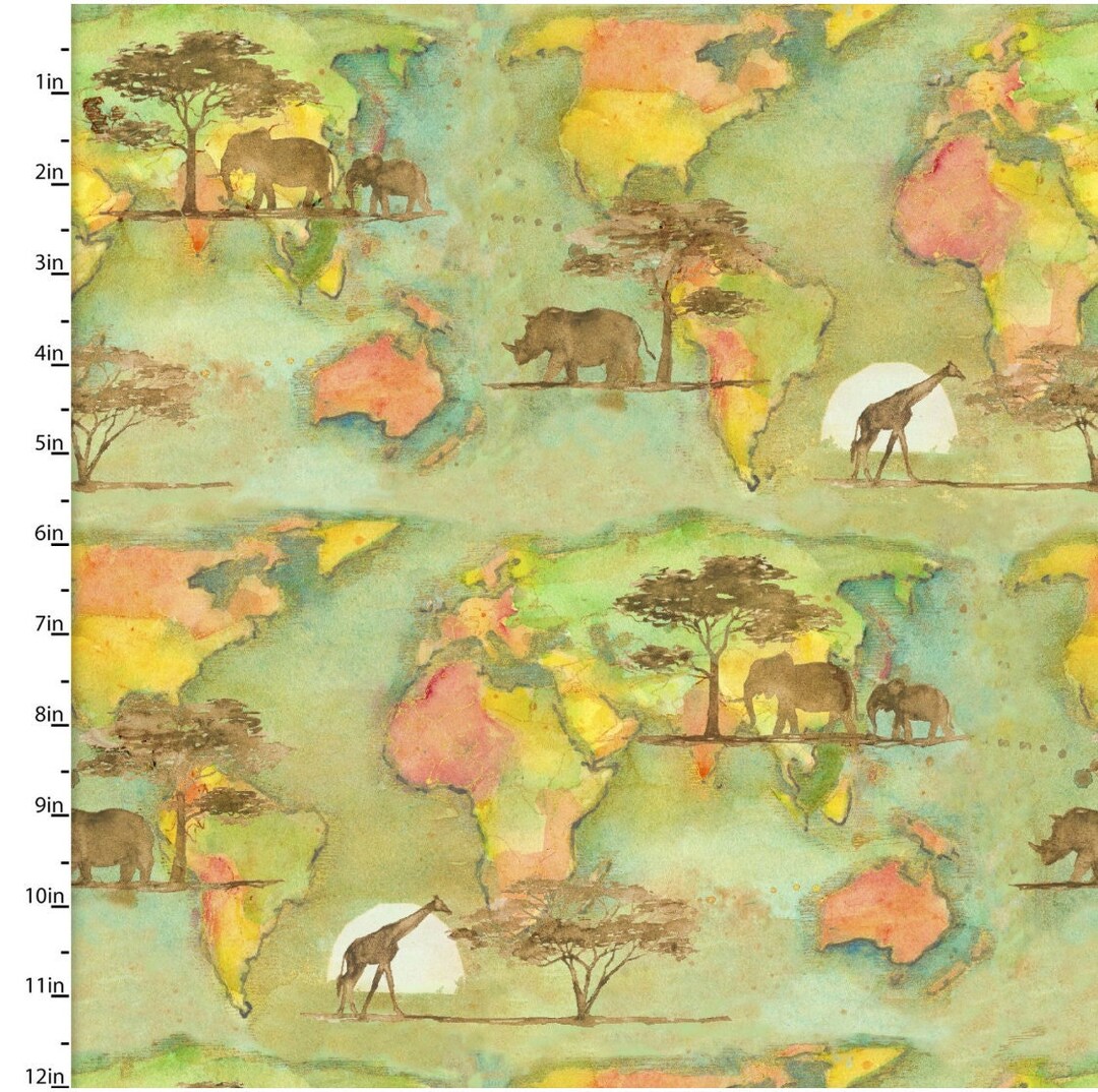 Into the Wild - World Map - by 3 Wishes - 100% Cotton Woven Fabric ...