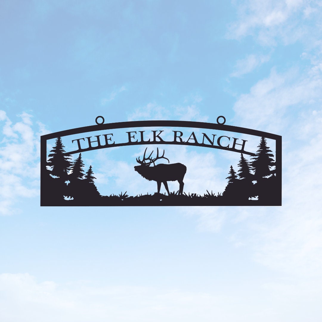 Large Metal Farm Entrance Gate Sign - Custom Elk and Pine Trees Design ...