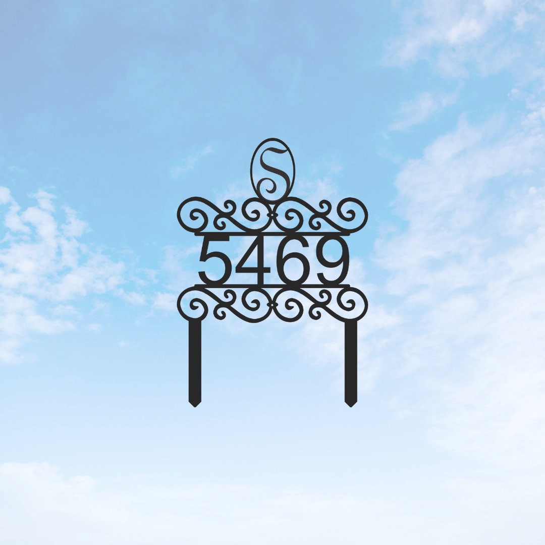 Scroll House Number Stake, Initial in Oval, Metal Sign, Mailbox Number ...