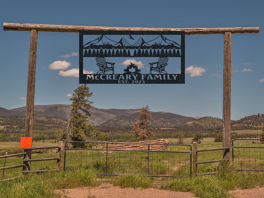 Large Entrance/gate Farm Sign With Campfire and Mountain Silhouette ...