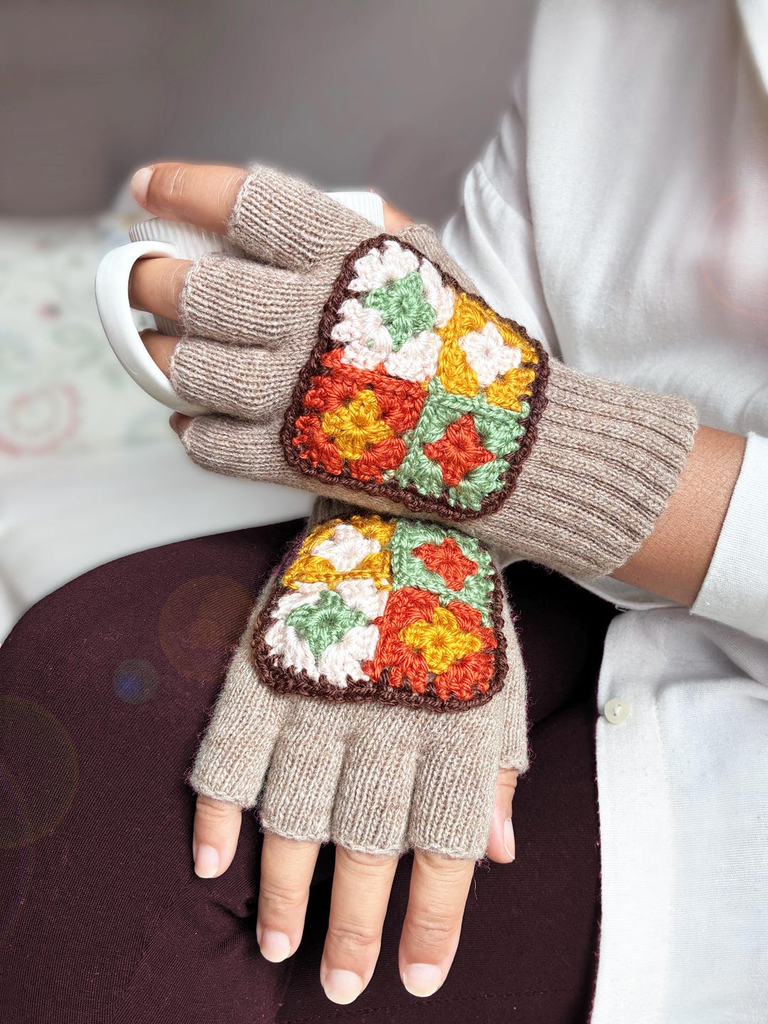 Crochet Granny Square Fingerless Gloves: Fall Style Clothing Gift, Cozy ...
