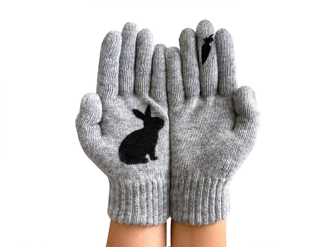 Bunny Gloves: Gray Mittens With Rabbit & Carrot, Easter Accessories - Etsy
