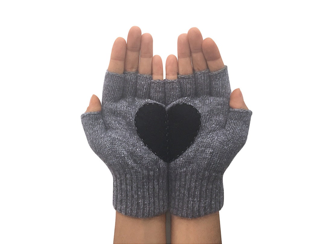 Fingerless Gray Mittens With Black Heart, Cozy Women Gloves, Valentines ...