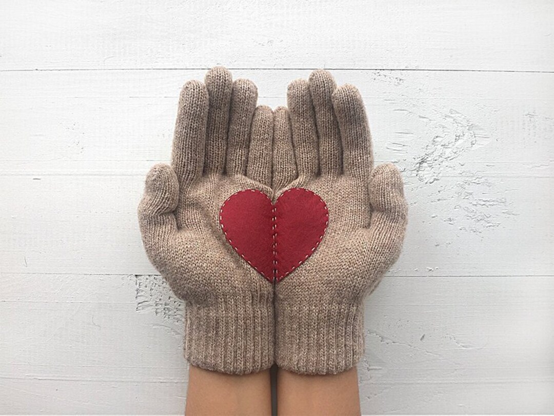 Handmade Wool Mittens: Tan Gloves With Burgundy Heart, Winter Style ...