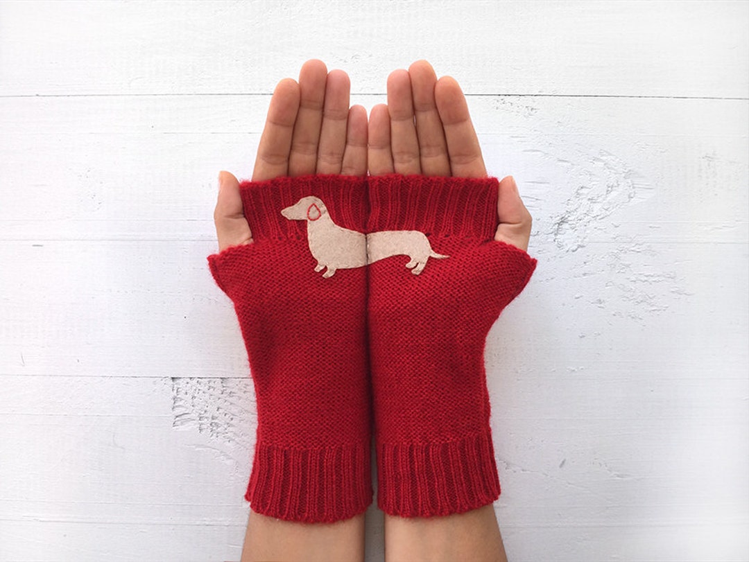 Red Fingerless Gloves With Dachshund, Spring Style Women, Birthday ...