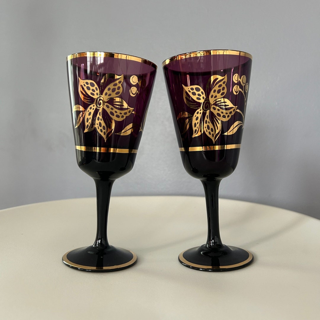 Vintage Stemmed Deep Purple Cordial Glasses With Gold Detail - Etsy
