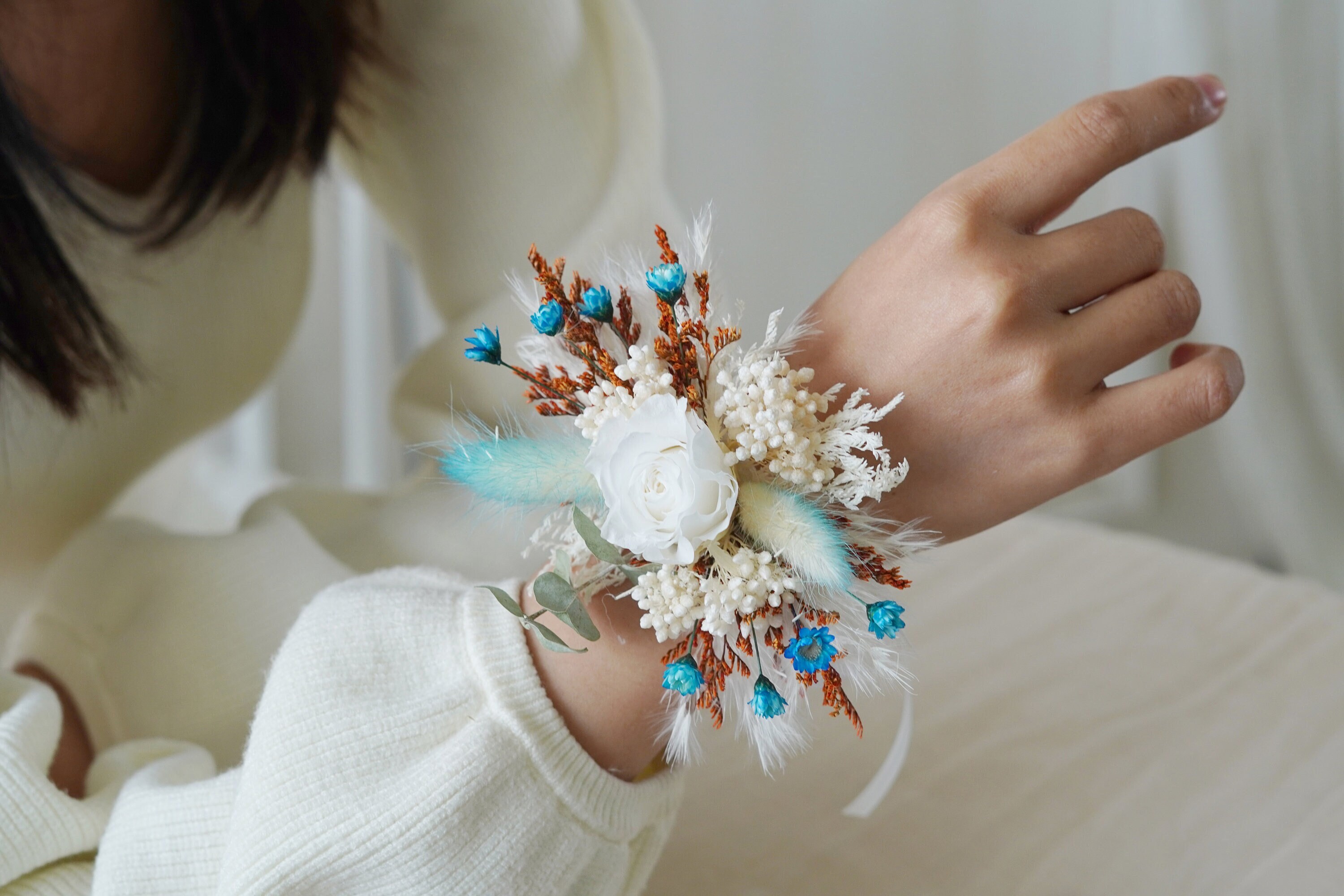 Burnt Orange+blue+white Wrist Corsage,pampas Grass Wrist Corsage,lady ...