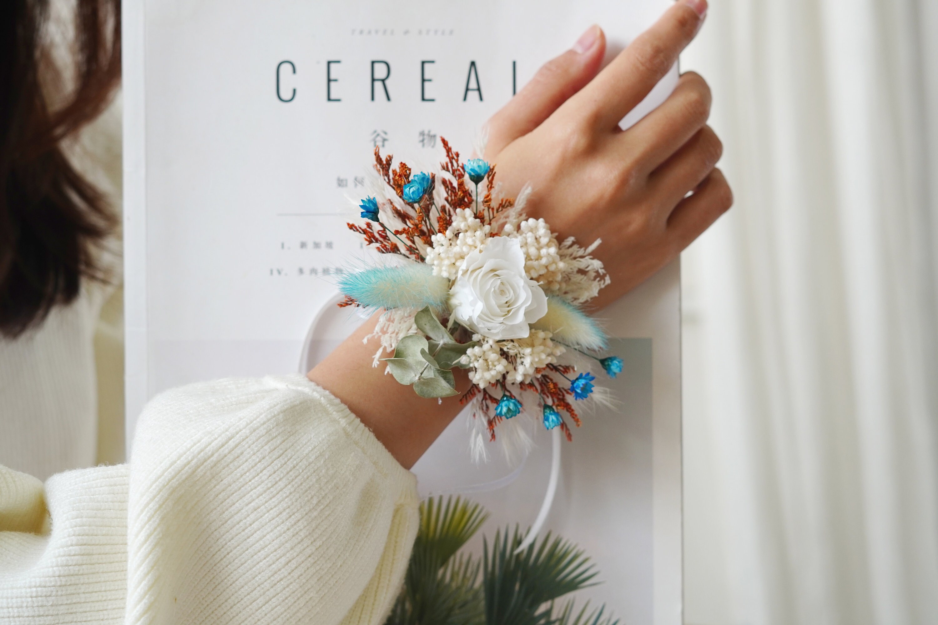Burnt Orange+blue+white Wrist Corsage,pampas Grass Wrist Corsage,lady ...