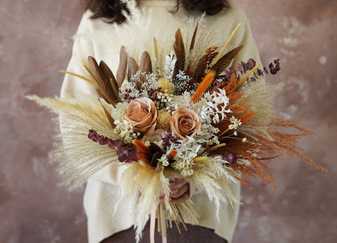 Autumn Silk Flower Bouquet,burnt Orange⁓ivory Autumn Bouquet,brib ...