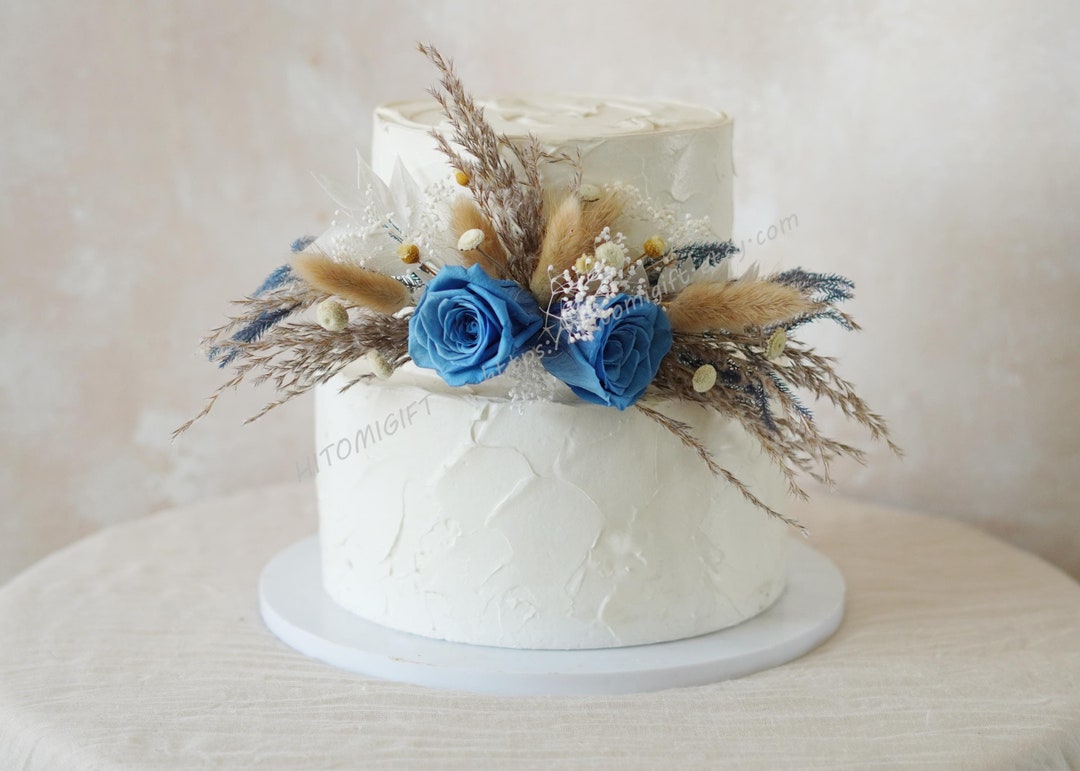 Blue Rose Cake Topper - Pampas Grass Cake Topper - Dried Flower Cake ...