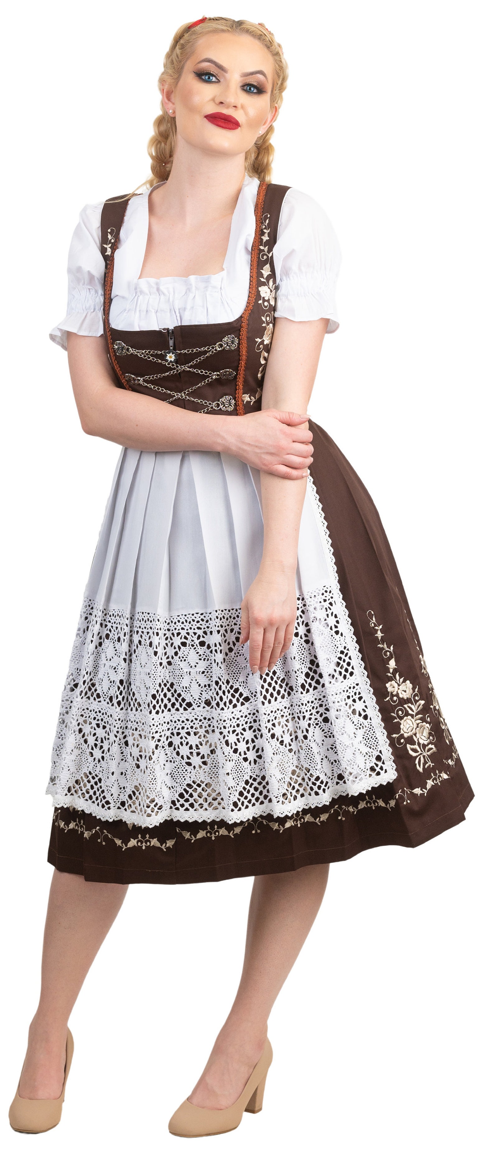Authentic German Long Brown 3 Piece Dirndl Set With Bavarian Floral ...