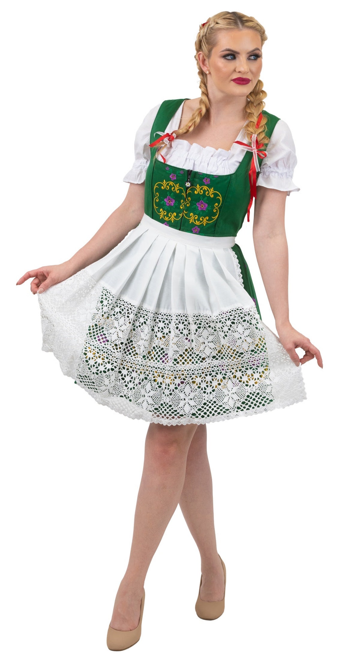 Traditional 3-piece Short Green Dirndl Dress Set With Yellow & Purple ...