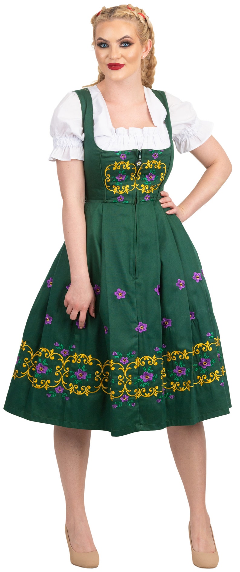 Green Embroidered Dirndl Dress, Oktoberfest Outfit With Lace Apron - Etsy