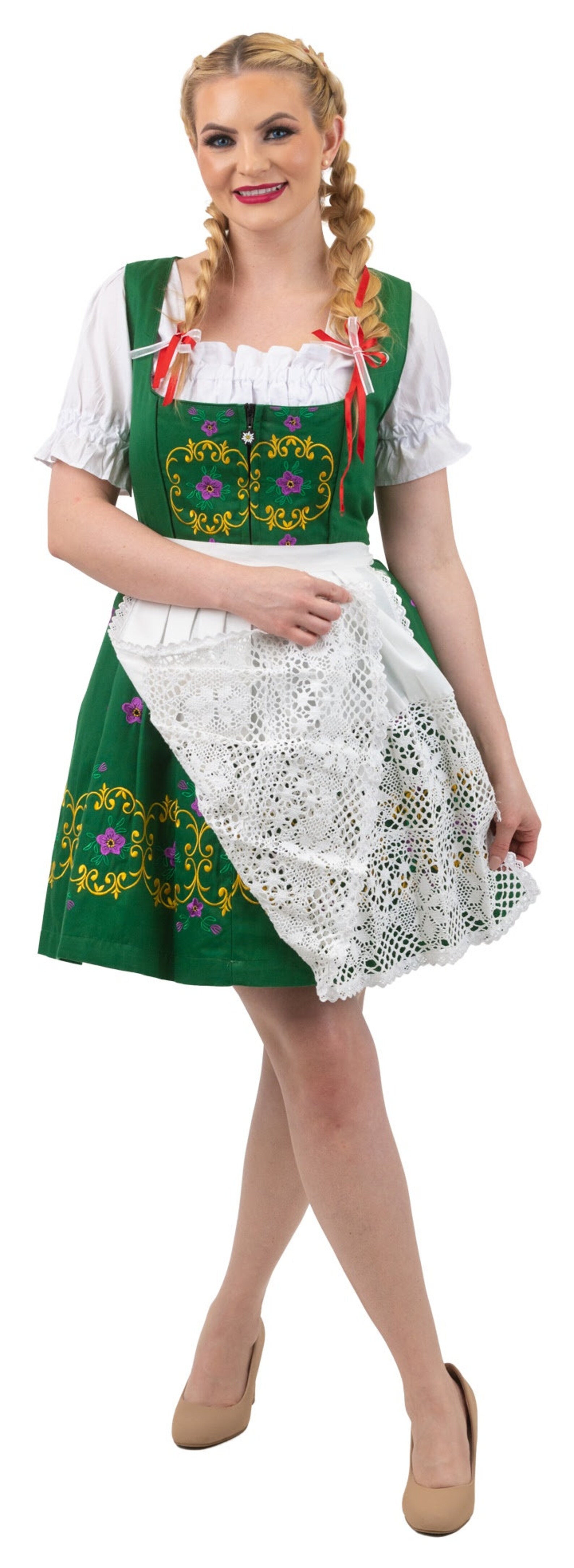 Green Dirndl Dress Set, Floral Embroidery, Bavarian Oktoberfest Costume ...