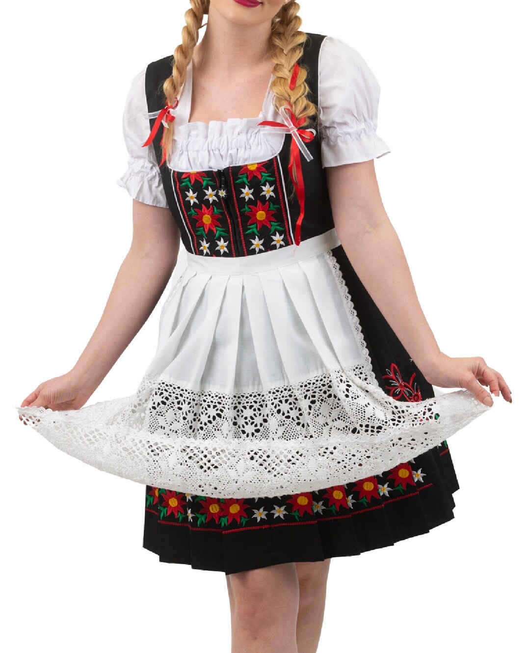 Short Black Dirndl Set – Red & White Floral Embroidery, 3-piece ...