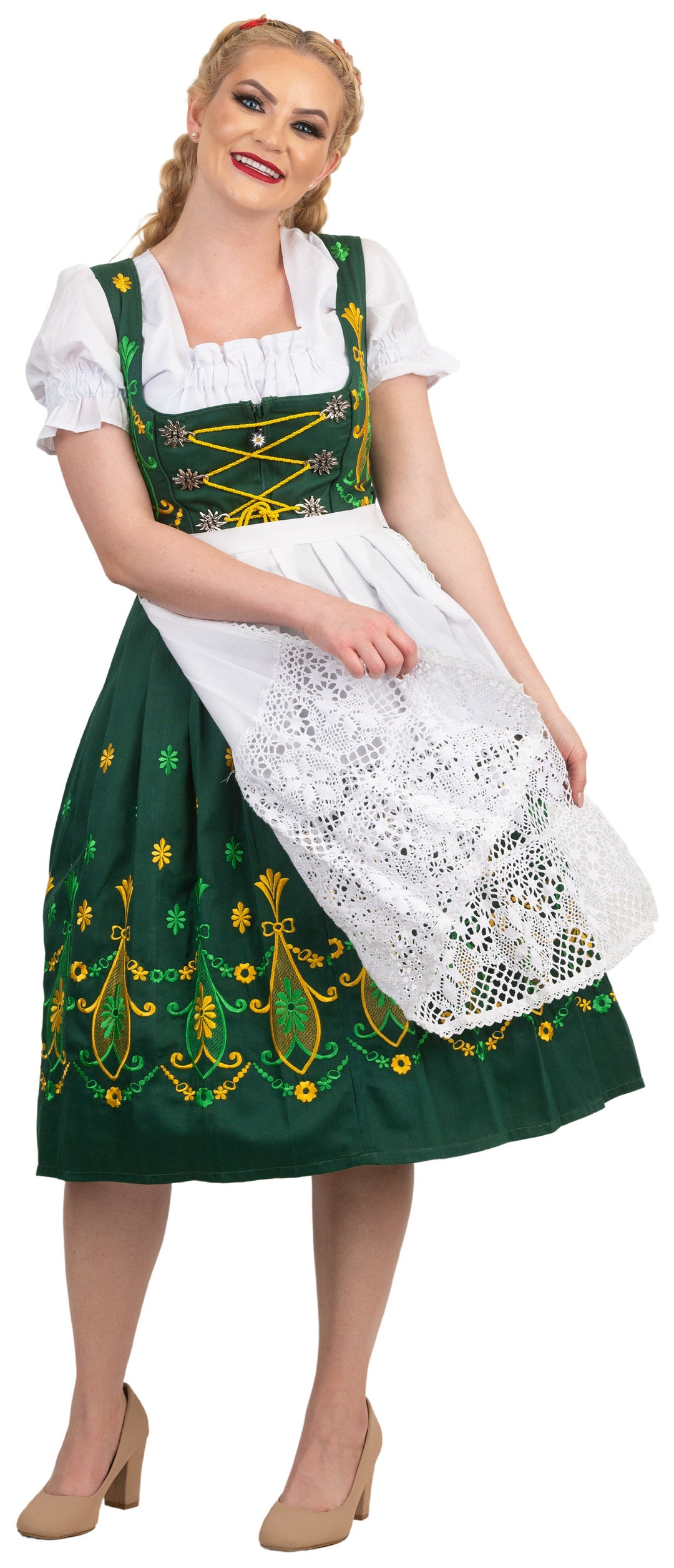 Women’s Bavarian 3 Piece Dirndl Set, Complete With White Lace Apron and ...