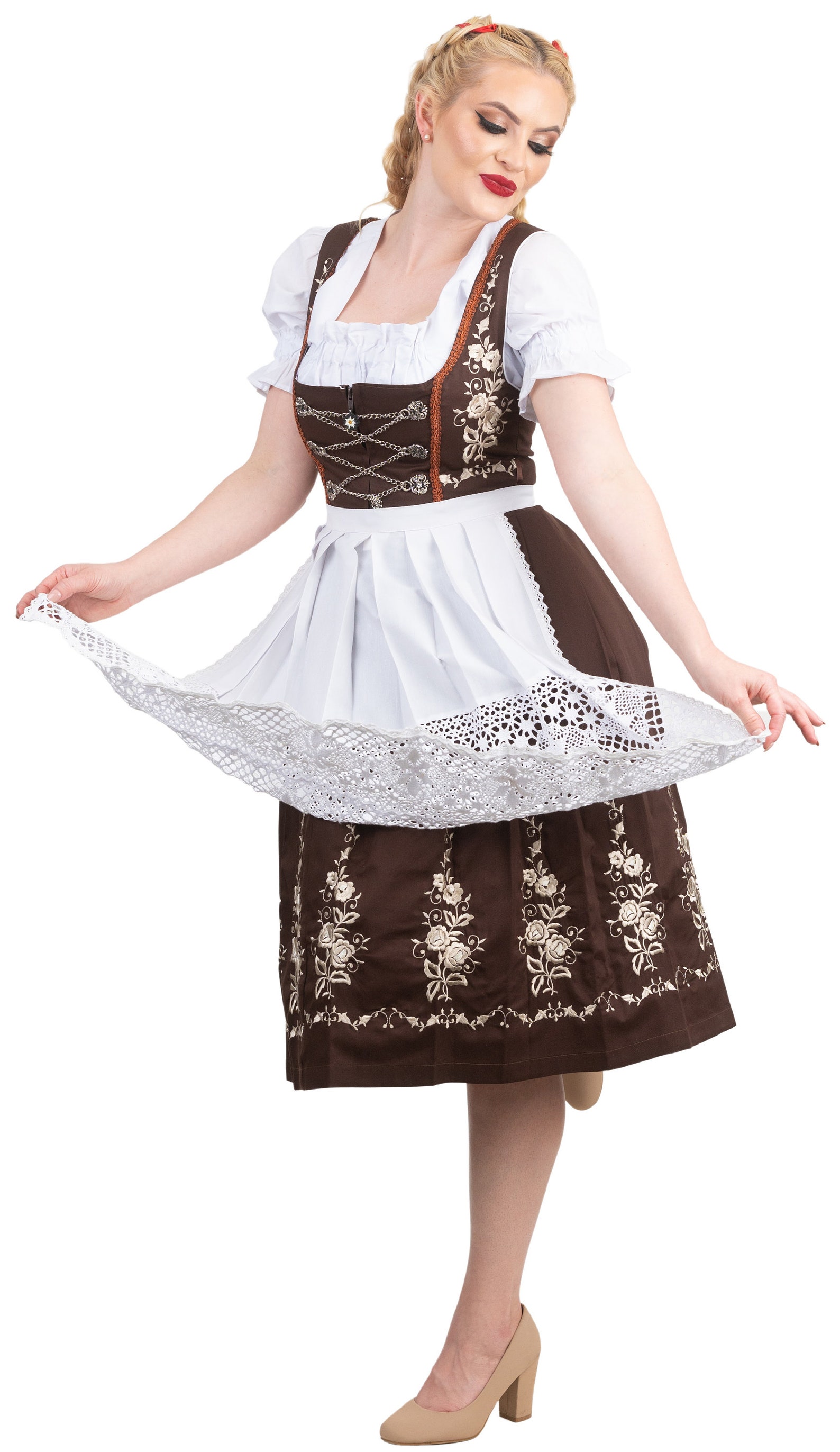 Authentic German Long Brown 3 Piece Dirndl Set With Bavarian Floral ...