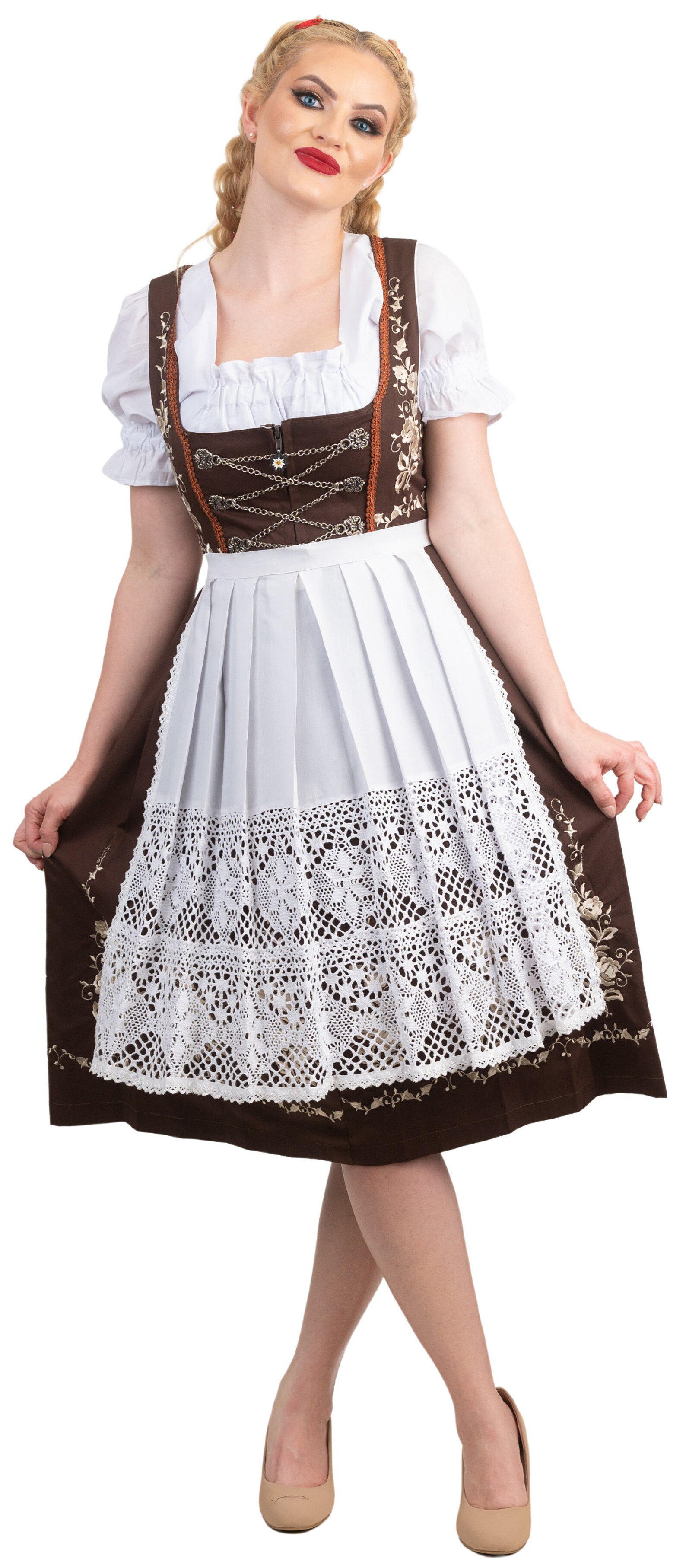 Authentic German Long Brown 3 Piece Dirndl Set With Bavarian Floral ...