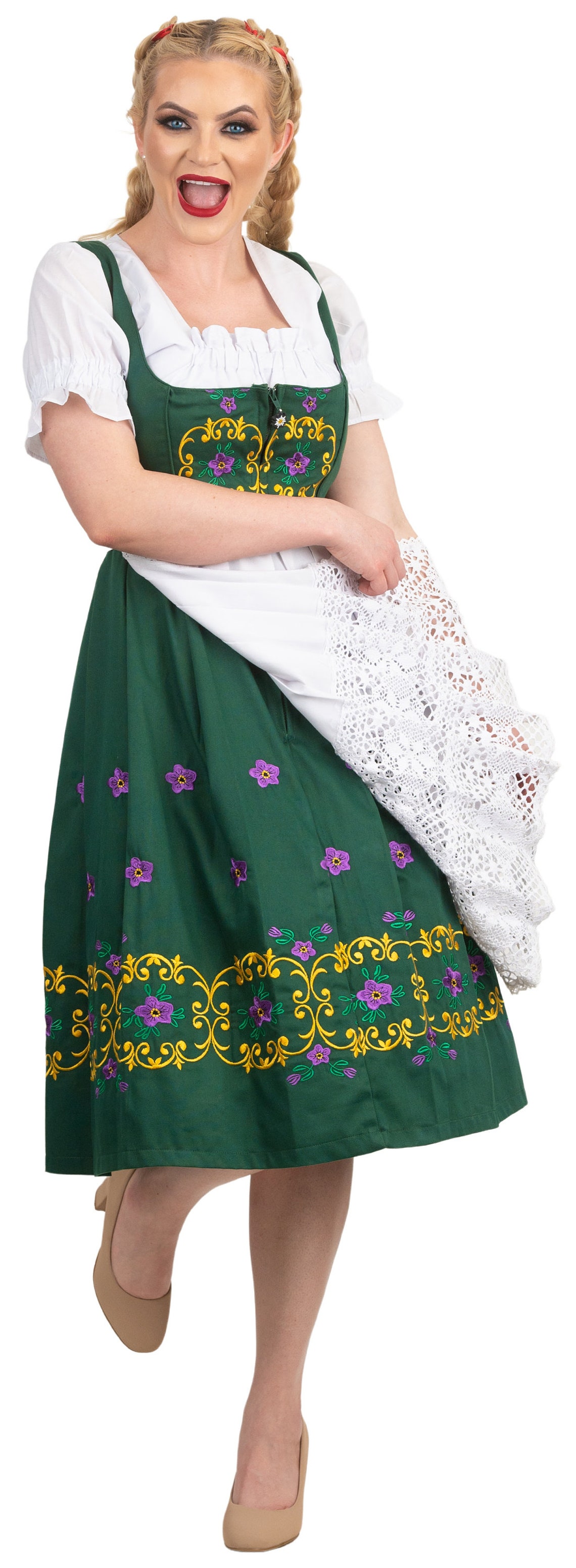 Elegant 3-piece Long Green Dirndl Dress Set for Bavarian Festivities ...