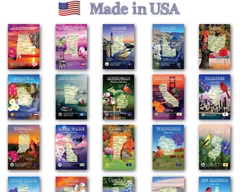 STATE FACTS Postcard Set of 50 Postcards. All 50 US States Symbols and ...
