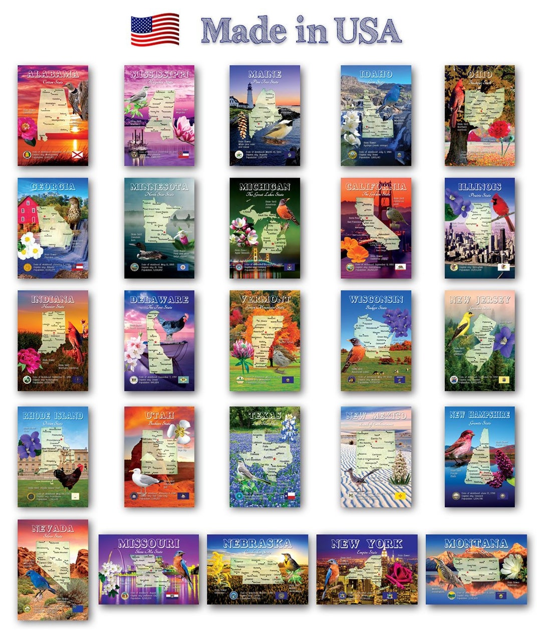 U.S. State Map Postcard Set of 50. Postcards Variety Pack. Post Cards ...