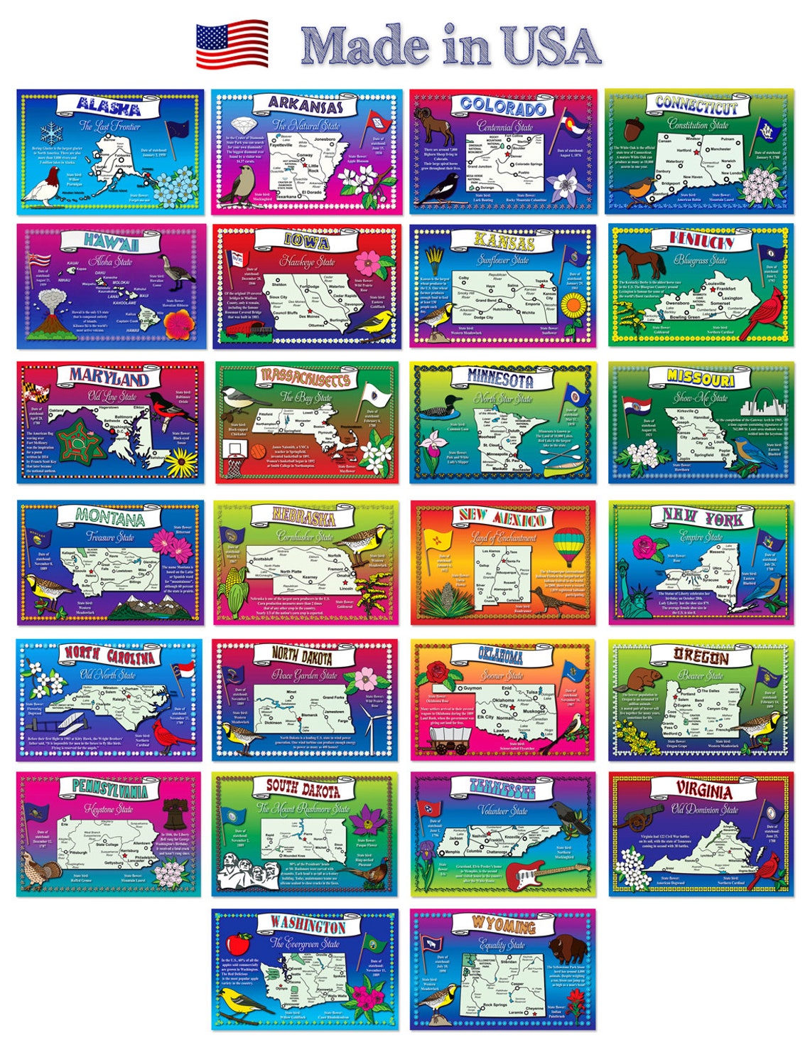 U.S. State Map Postcard Set of 50. Postcards Variety Pack. Post Cards ...
