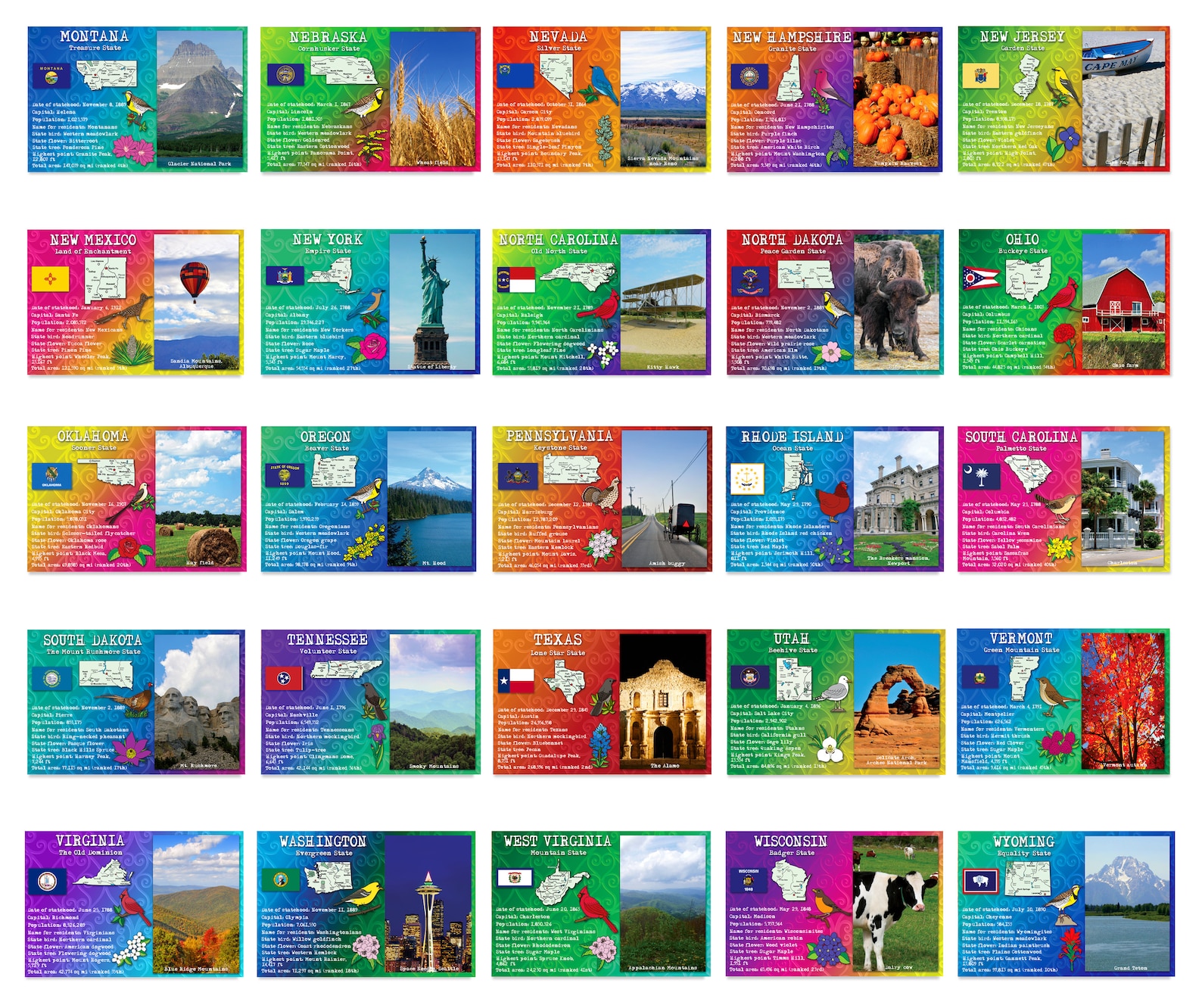 STATE FACTS Postcard Set of 50 Postcards. All 50 US States Symbols and ...