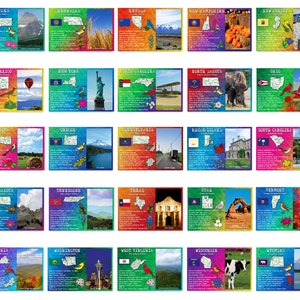 STATE FACTS Postcard Set of 50 Postcards. All 50 US States Symbols and ...