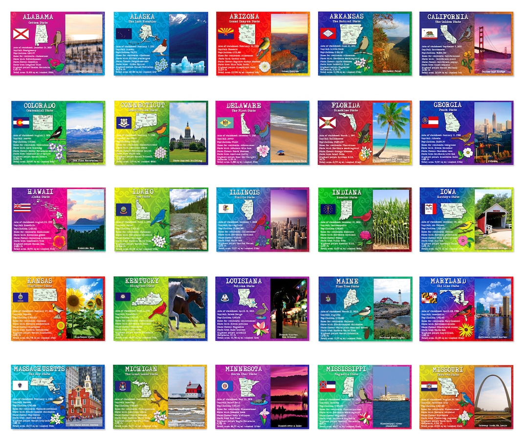 STATE FACTS Postcard Set of 50 Postcards. All 50 US States Symbols and ...