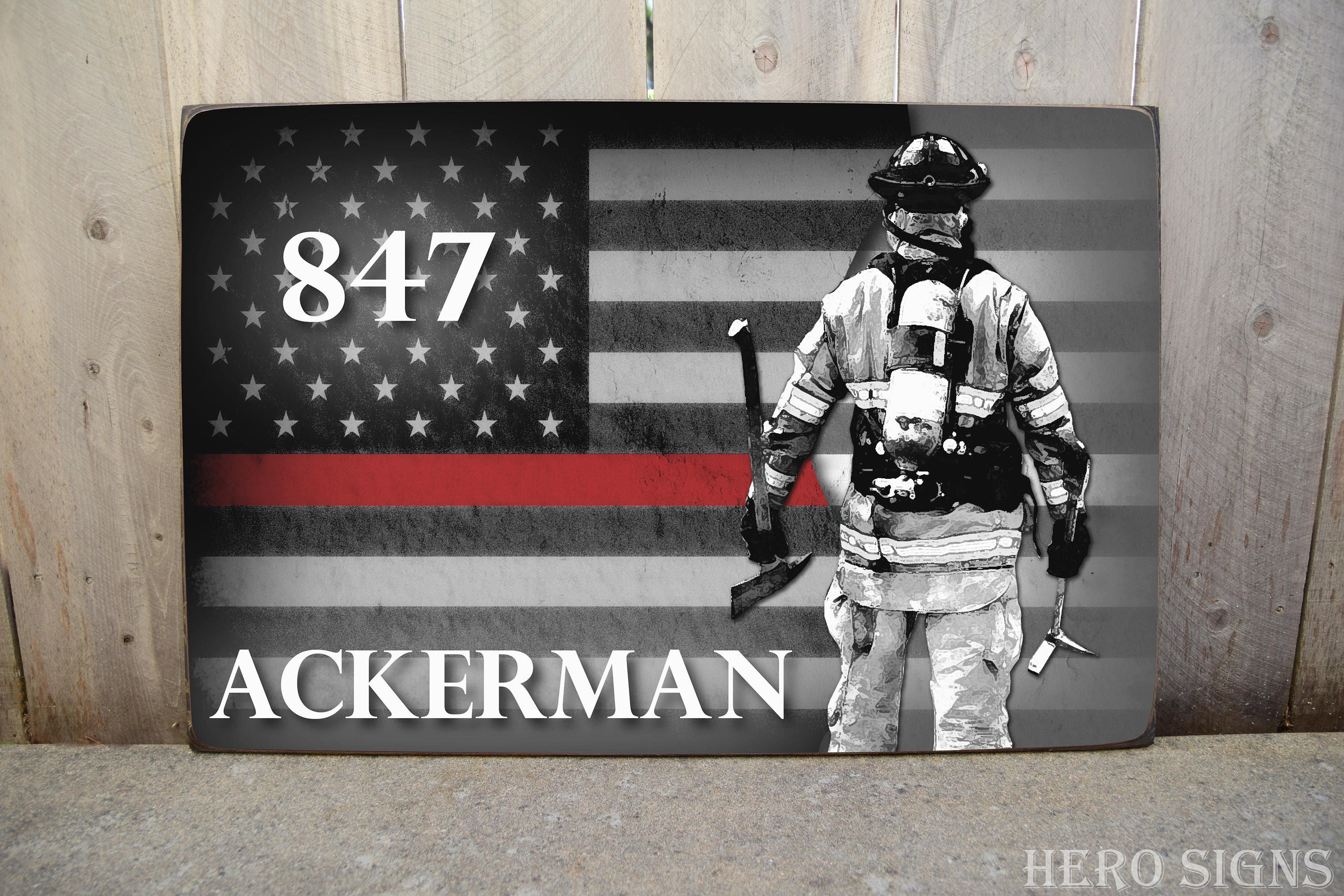 Firefighter With Flag Wood Name Sign Red Line Firefighter | Etsy
