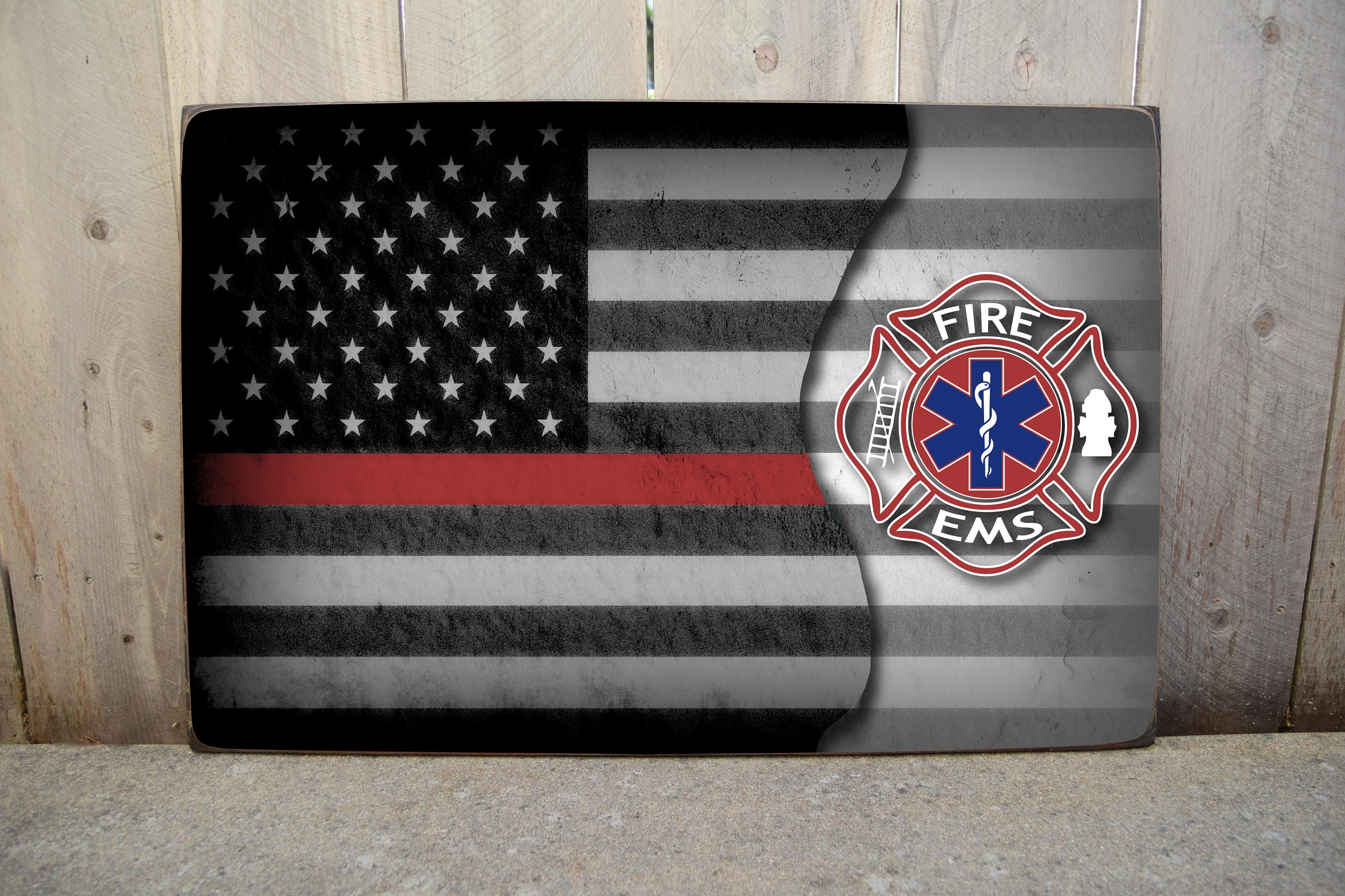 Firefighter EMS Flag Wood Sign Red Line Firefighter Decor | Etsy